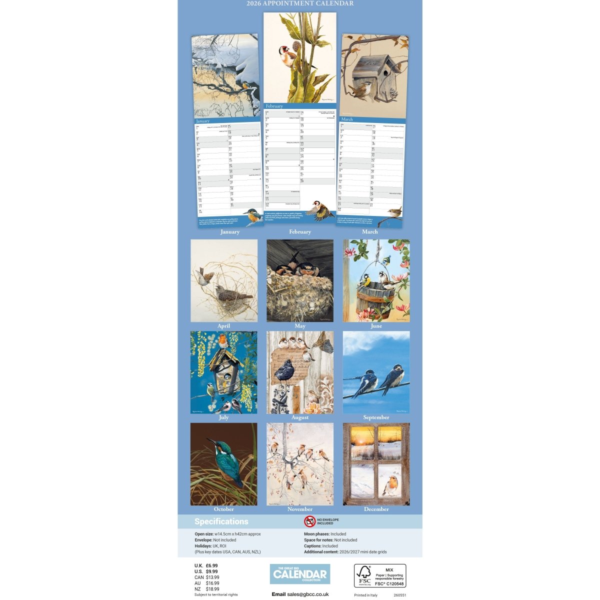 Garden Birds by Pollyanna Pickering Slim Calendar 2026 – RSPCA Shop