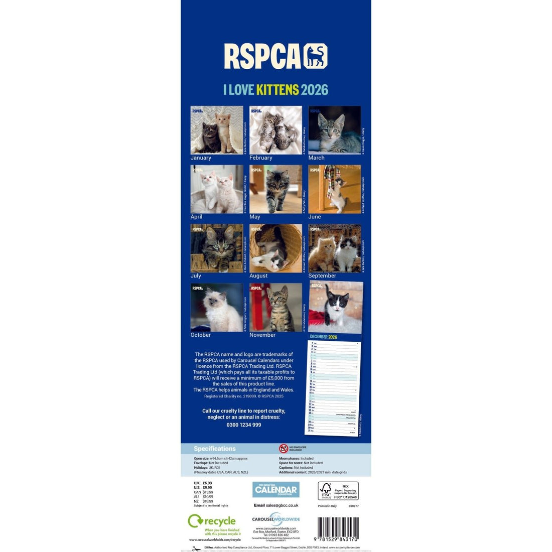 RSPCA I Love Kittens Slim 12 month Wall Calendar 2026 – RSPCA Shop